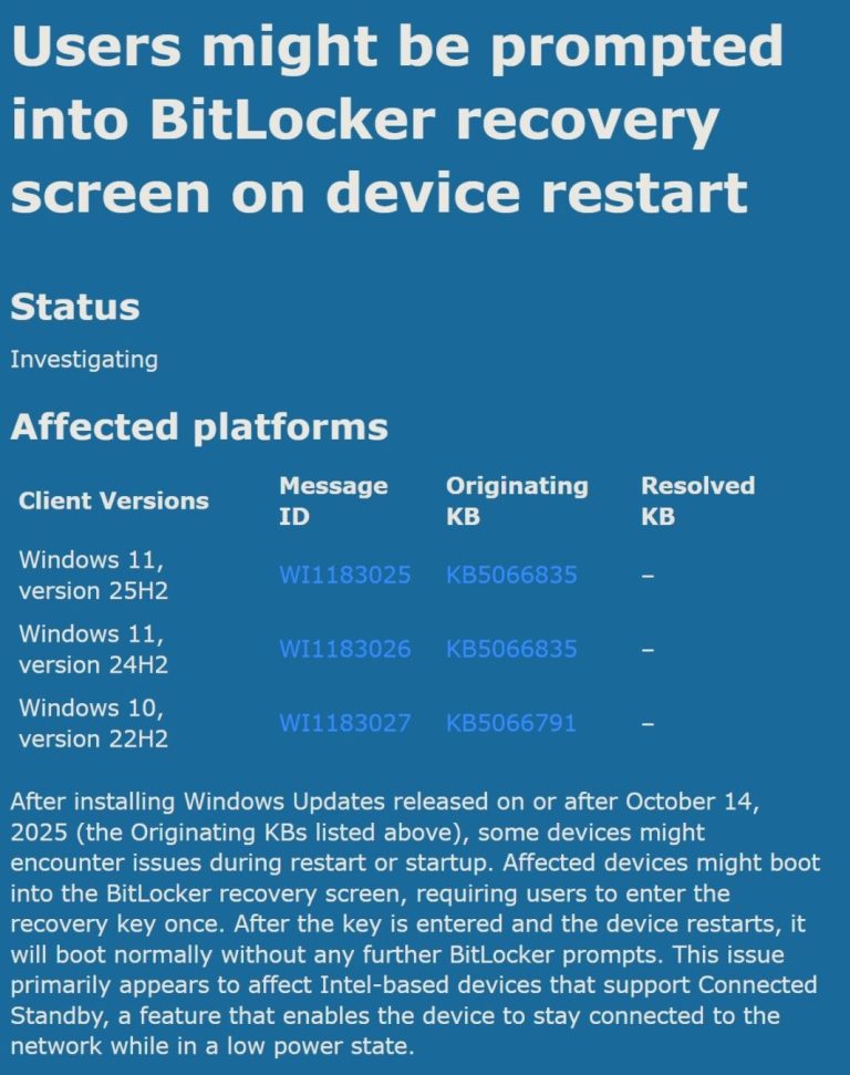 Windows October Update Triggers BitLocker Recovery